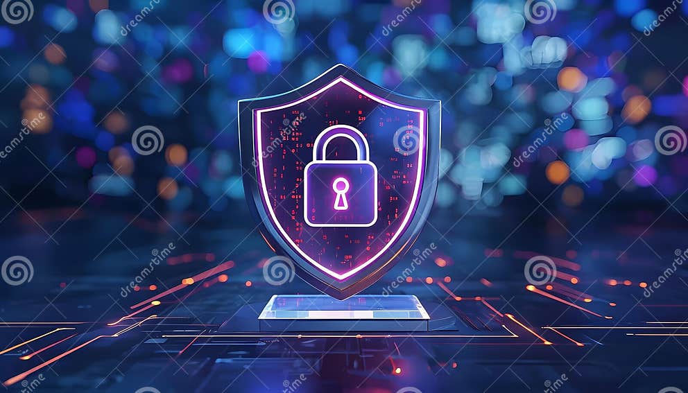 Futuristic Digital Shield with Neon Lock on Tech Background ...