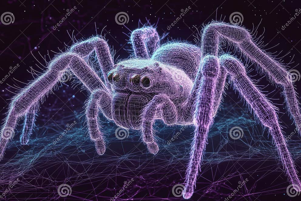 Futuristic Digital Spider Render with Neon Glow and Network Background ...