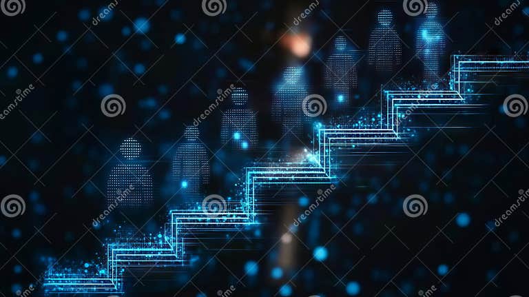 Futuristic Digital Staircase with Glowing Figures Representing Progress ...