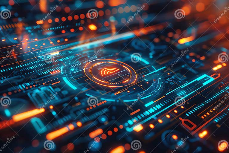 Futuristic Digital Technology Interface with Glowing Orange and Blue Circuits Representing ...