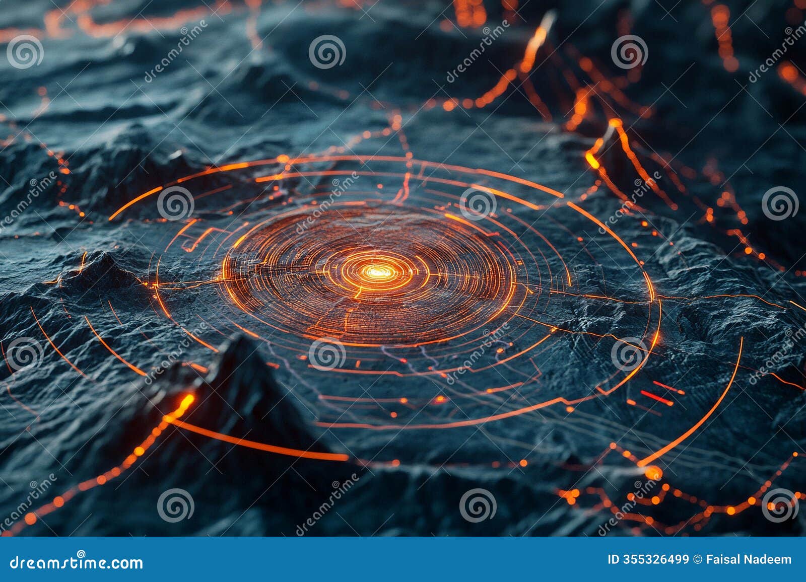 Abstract Digital Terrain Map Futuristic Technology Orange Glowing Lines ...