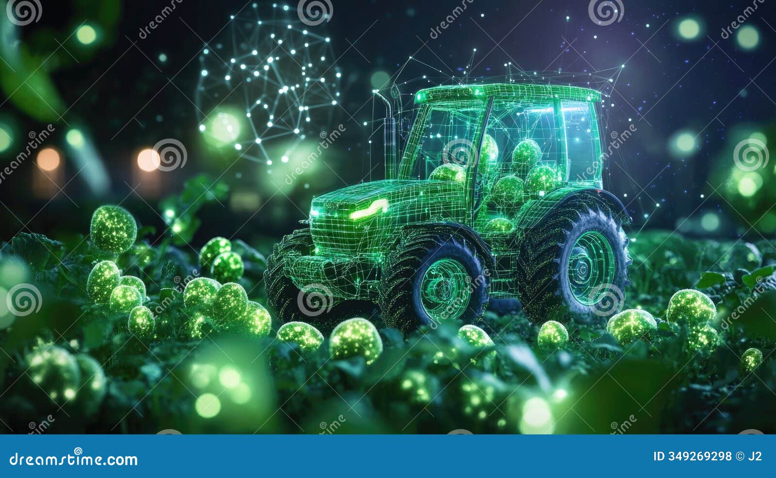 Futuristic Digital Tractor in Neon Green Field with Tech Elements Stock ...