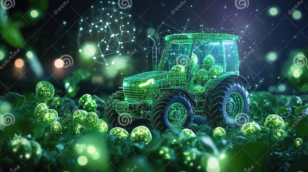 Futuristic Digital Tractor in Neon Green Field with Tech Elements Stock ...