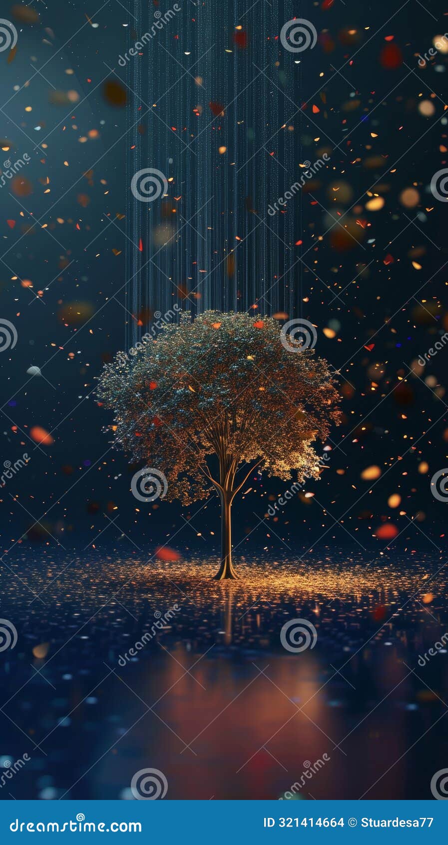 Futuristic Digital Tree with Floating Particles in a Dark Setting Stock ...