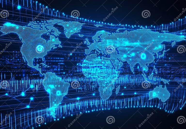 Futuristic Digital World Map with Glowing Data Points Stock ...
