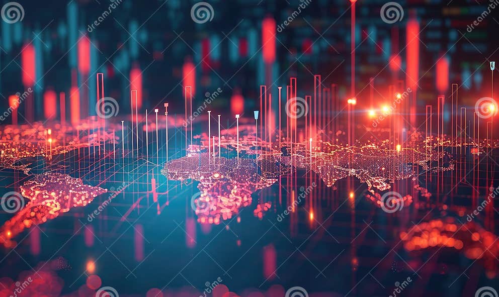 Futuristic Digital World Map with Glowing Data Points and Charts. High ...