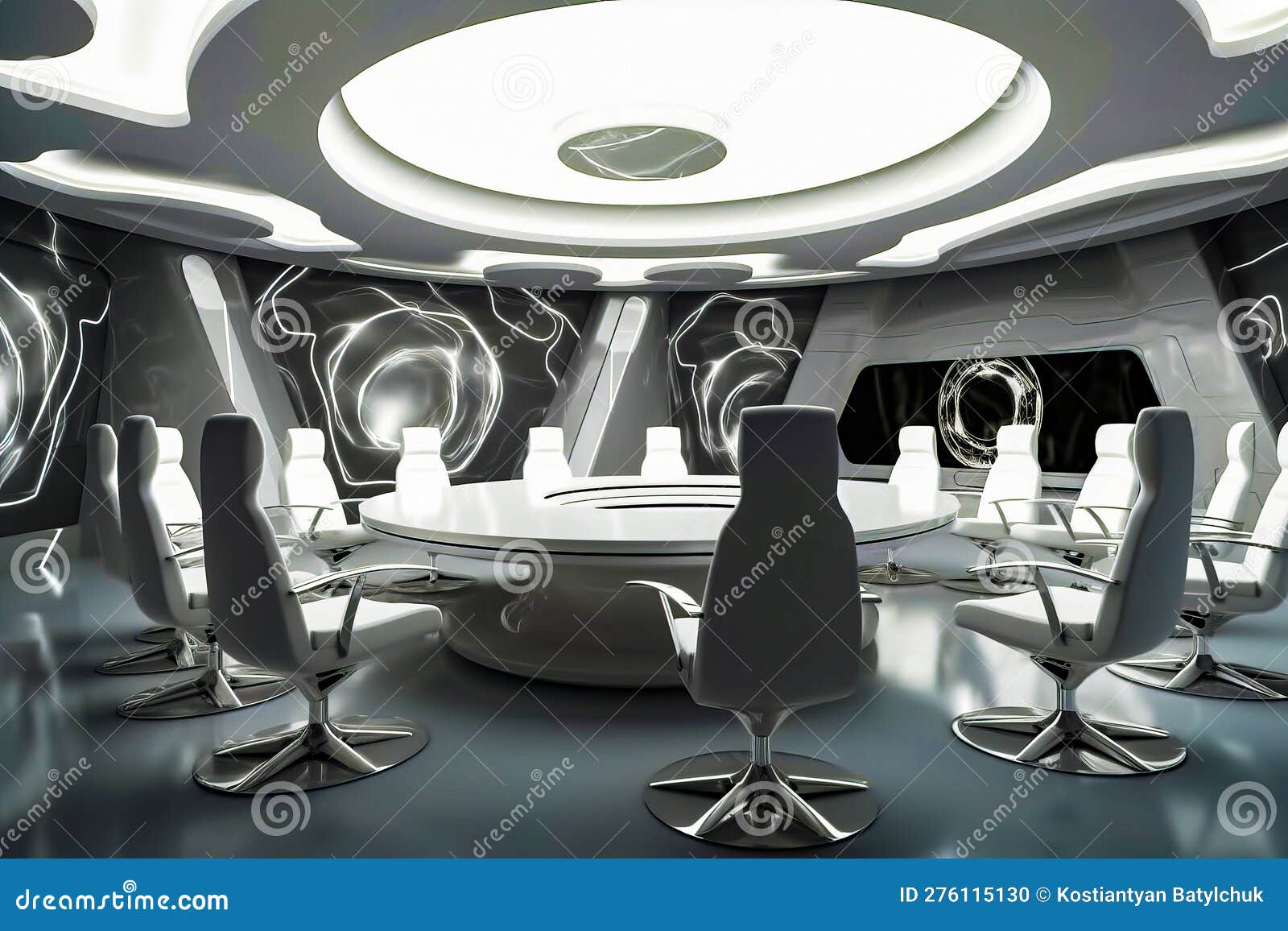 Futuristic Dining Room with White Chairs and Round Table in the Center ...
