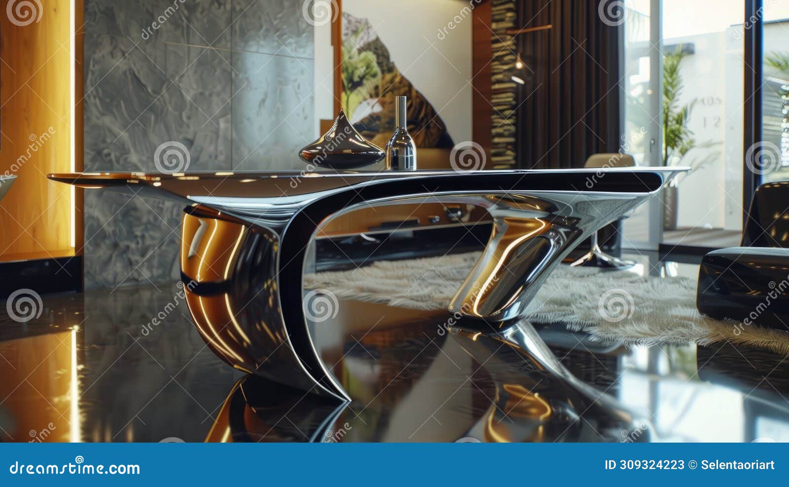 Futuristic Dining Table with Metallic Frame Stock Illustration ...