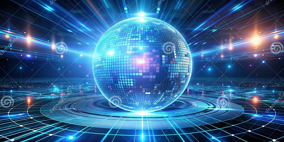 Futuristic Disco Ball with Glowing Lines and Grid, 3D Render Stock ...