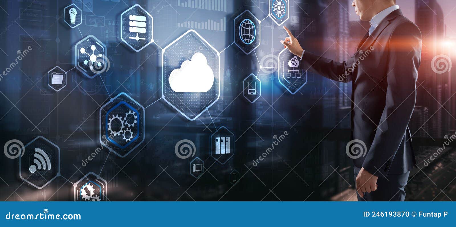 Futuristic Display. Cloud Computing Touchscreen Interface Business Man Finger Touch Cloud Stock ...