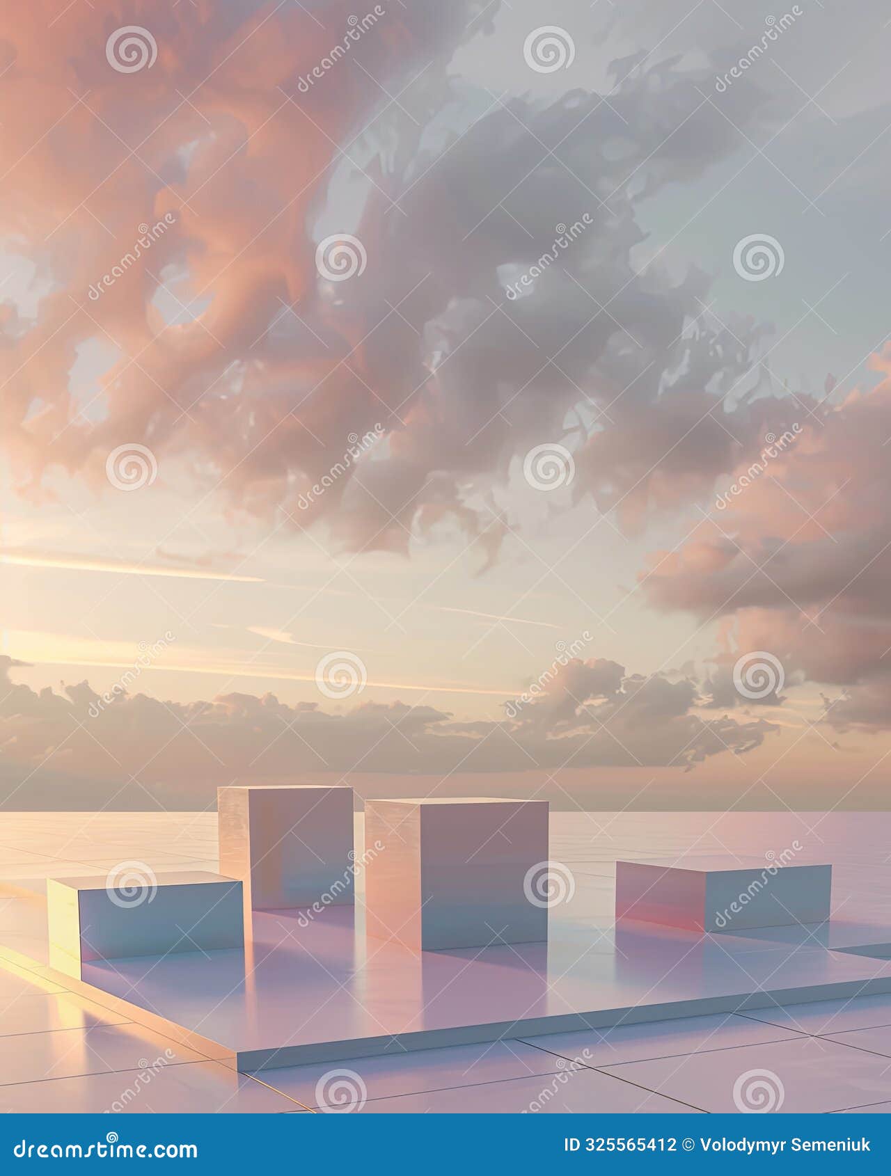 Futuristic Display Platform with Cubic Stands Under Pastel Clouds Stock ...