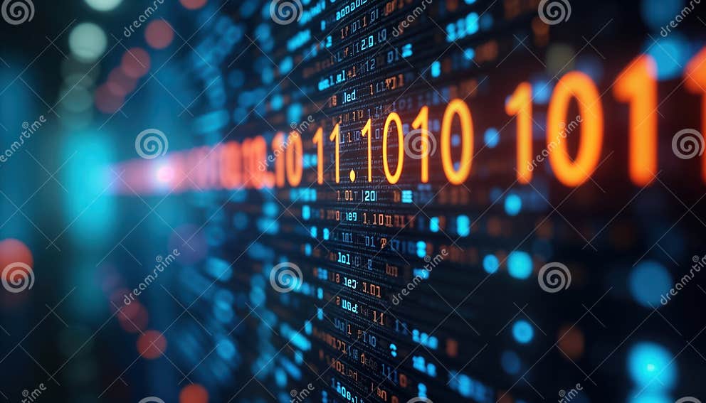 Futuristic Display Shows Binary Code. Abstract Digital Matrix Background. High-tech Tech Data ...
