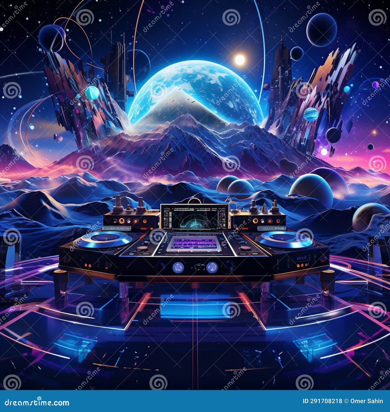 Futuristic DJ Booth in a Mesmerizing Digital Landscape Stock Photo ...