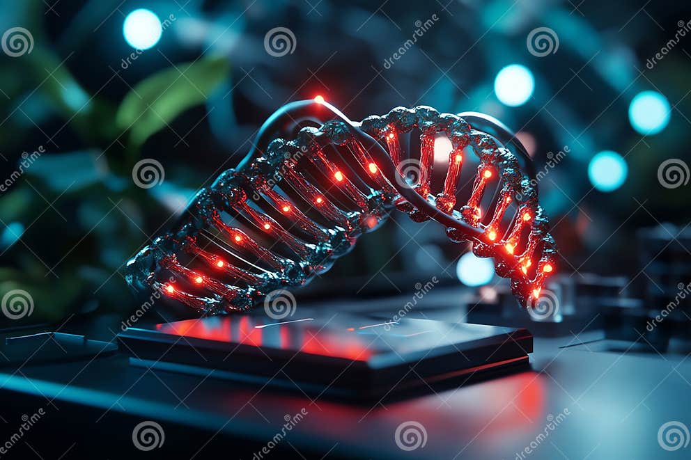 Futuristic DNA Model with Glowing Red Lights Highlighting the Molecular ...