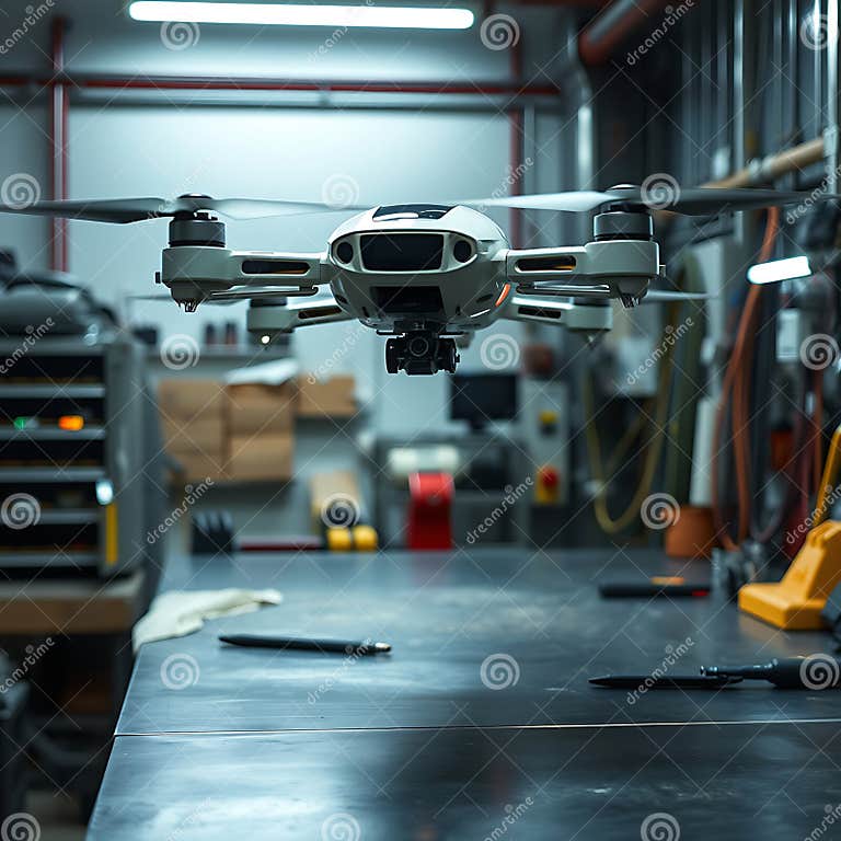 A Futuristic Drone Hovering Over a Metallic Workbench Stock ...