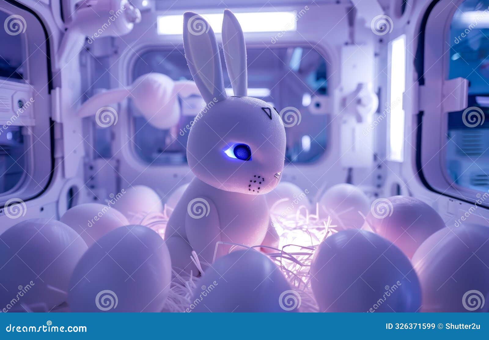 Futuristic Easter Bunny with Laser Eyes Amidst 3D Printed Eggs in a ...