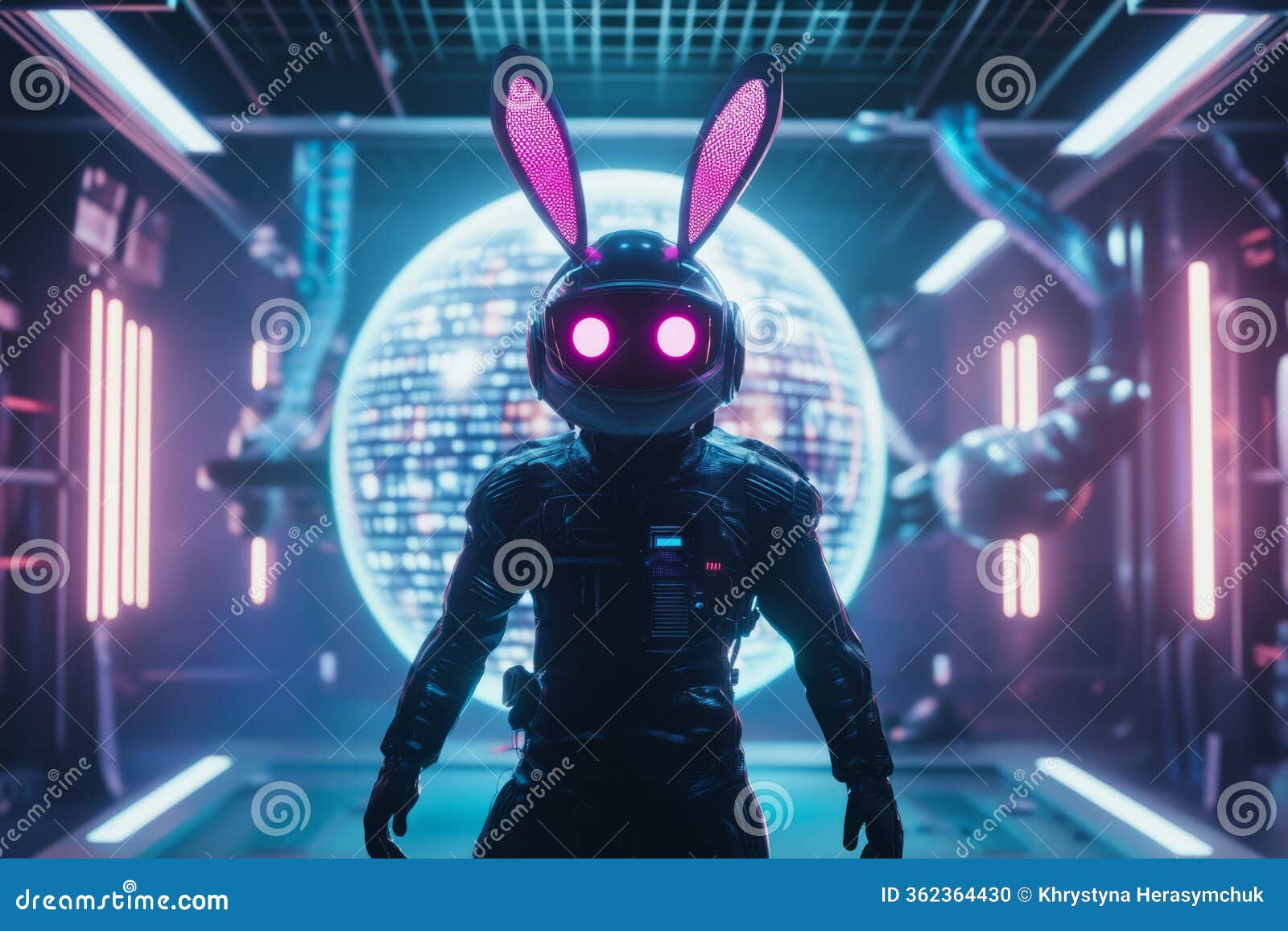 A Futuristic Easter Bunny with a Tech Suit and Neon Eyes, Standing in ...
