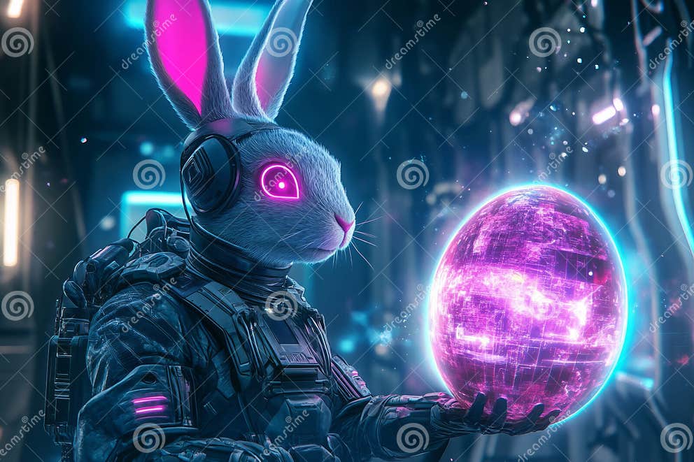 A Futuristic Easter Bunny with a Tech Suit and Neon Eyes, Standing in ...