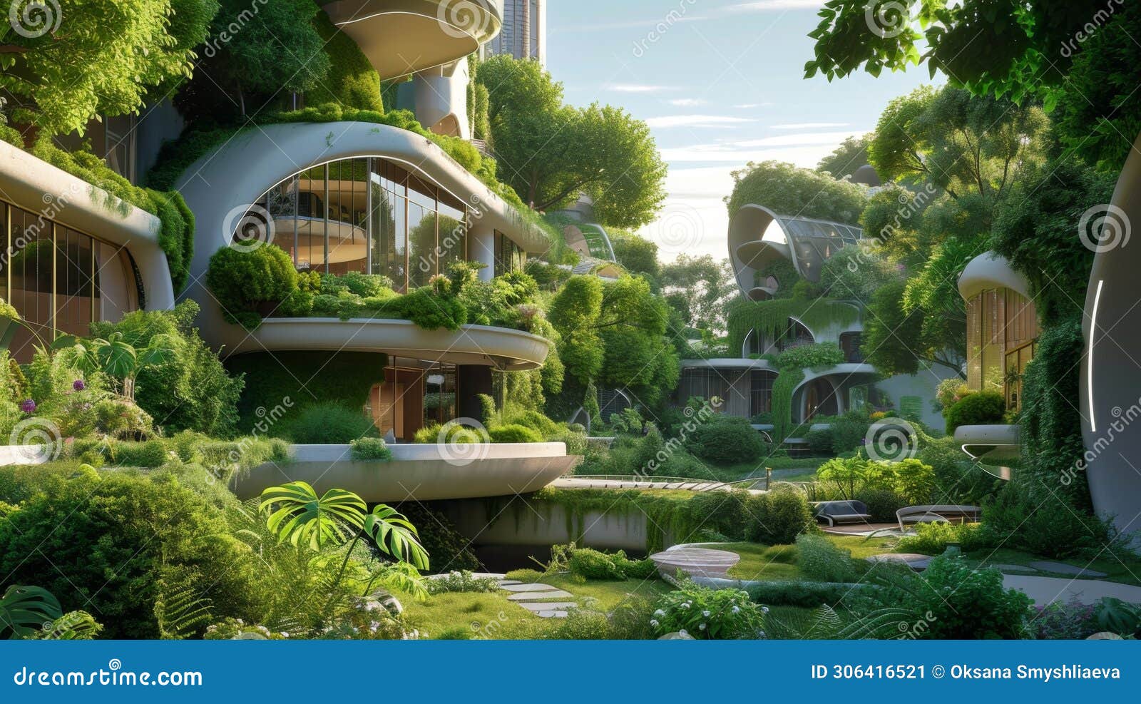 Futuristic Eco-Friendly Architecture. Modern Structures with Lush ...