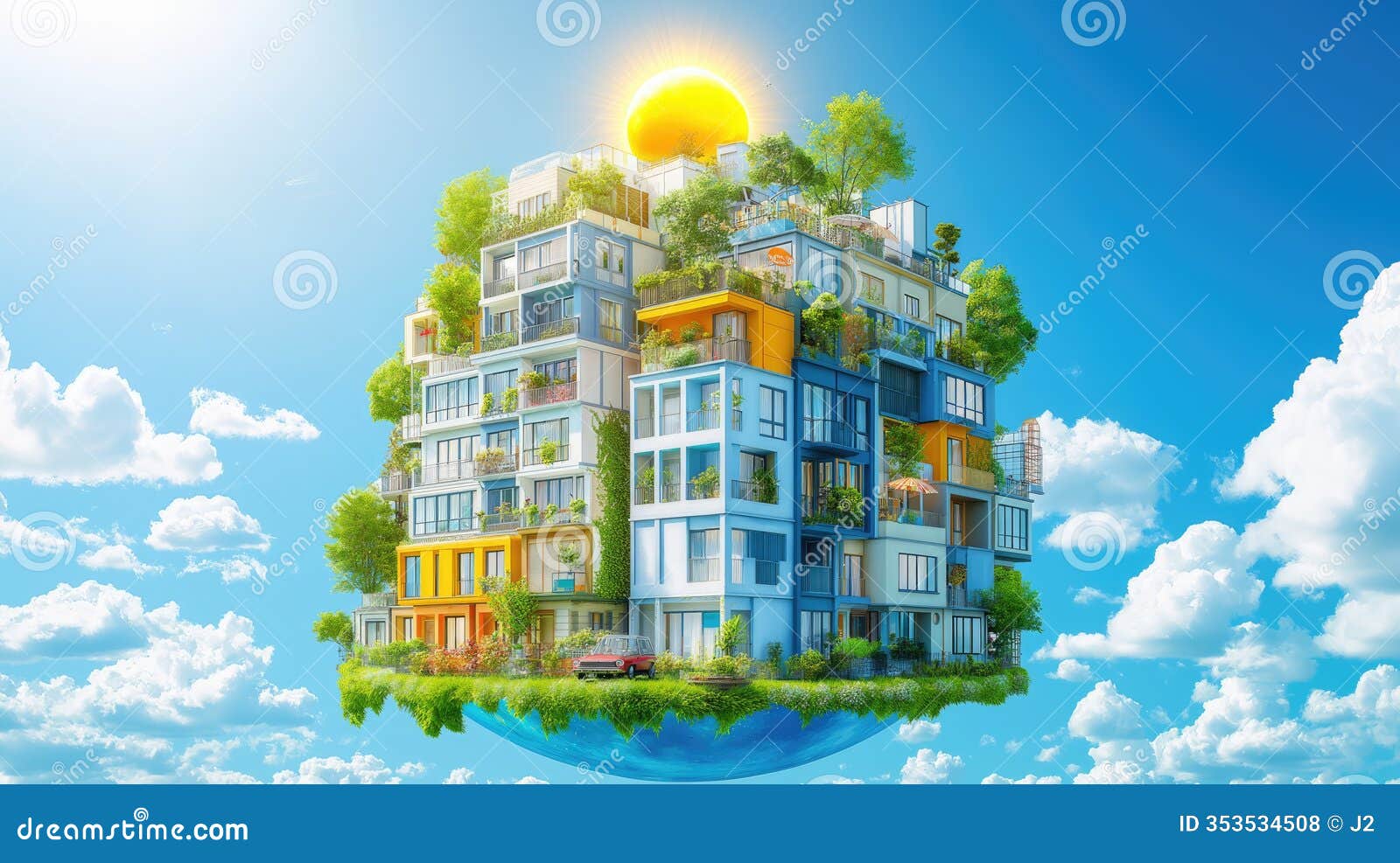 Futuristic Eco-friendly Floating Building with Greenery and Bright Sun ...