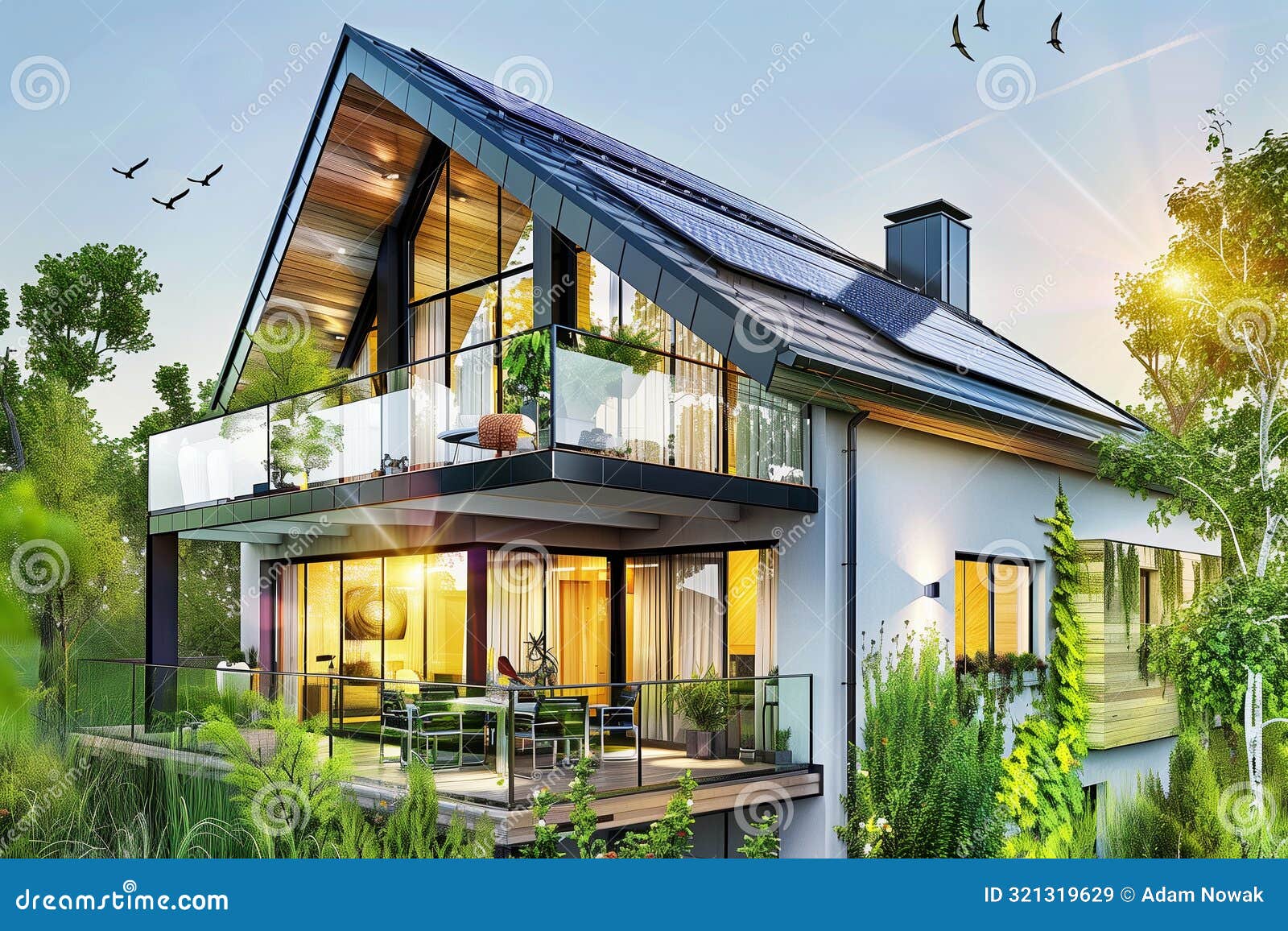 Futuristic Eco-Friendly Home with Solar Panels Stock Illustration ...