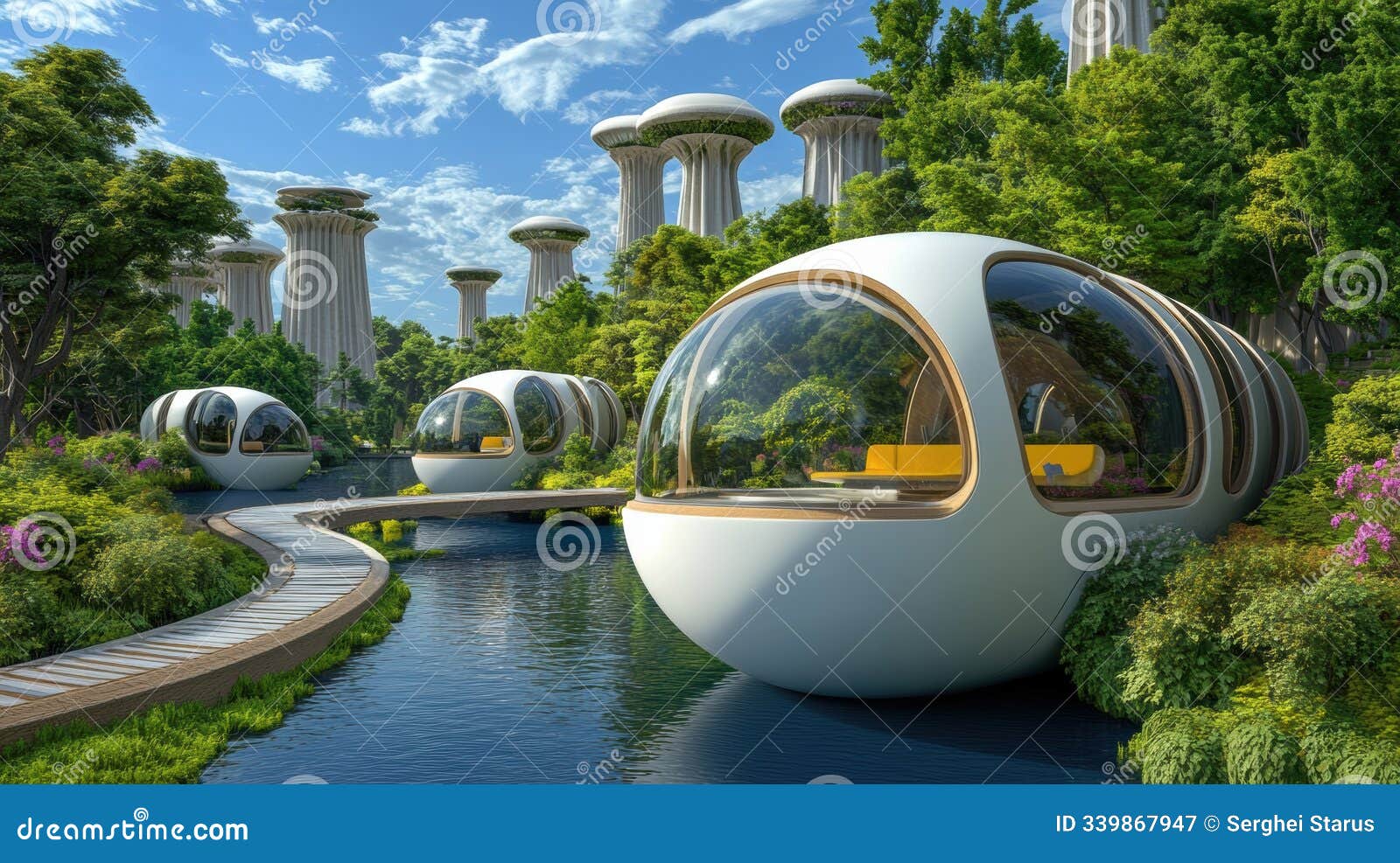 Futuristic Eco-Pods in Lush Greenery, AI Stock Image - Image of concept ...