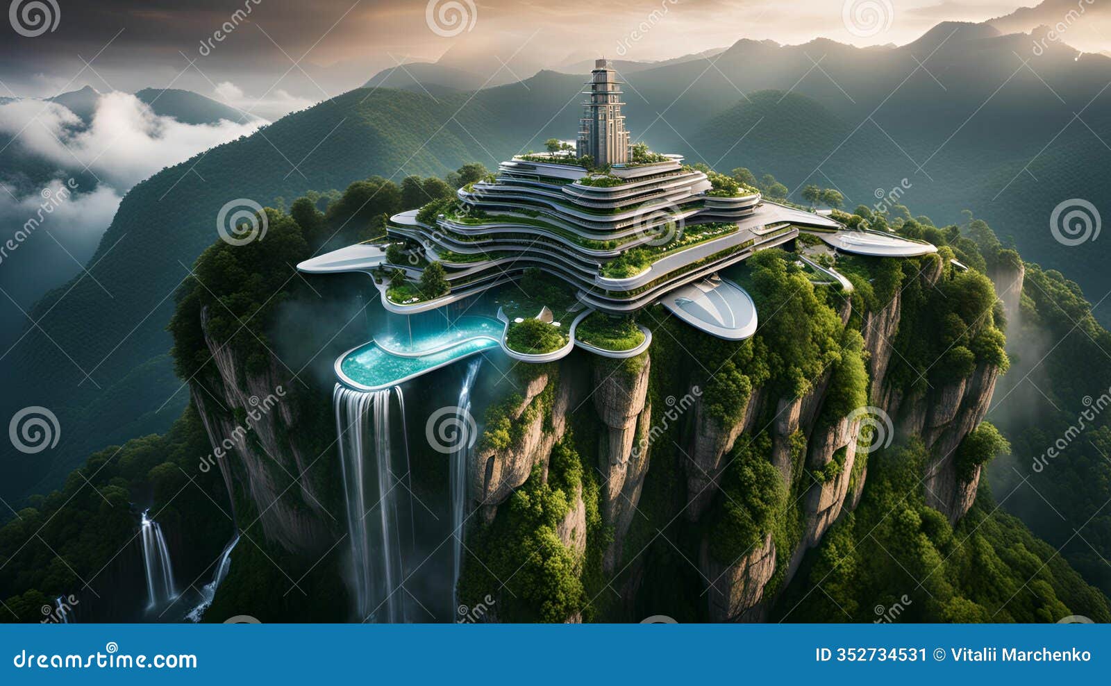 Futuristic Eco Resort on Mountain Cliff with Waterfall and Infinity ...
