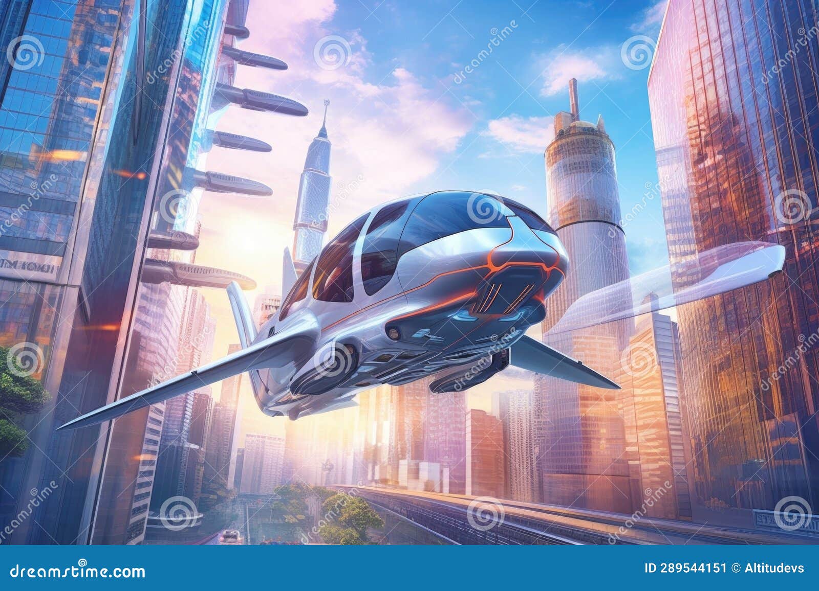 Futuristic Electric Air Bus Gliding through Skyscrapers Stock Image ...