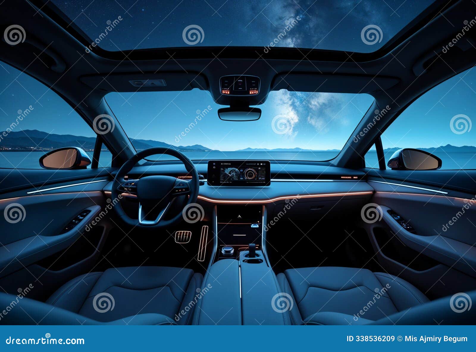 High-Tech Electric Car Interior with Sky View Stock Illustration ...