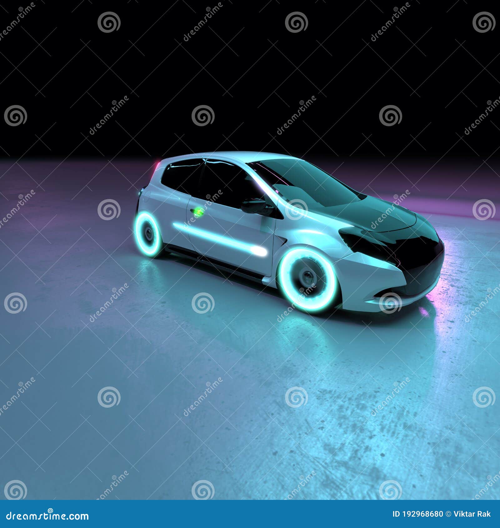 Futuristic Electric Compact City Car Rides on Neon Illuminated Surface ...
