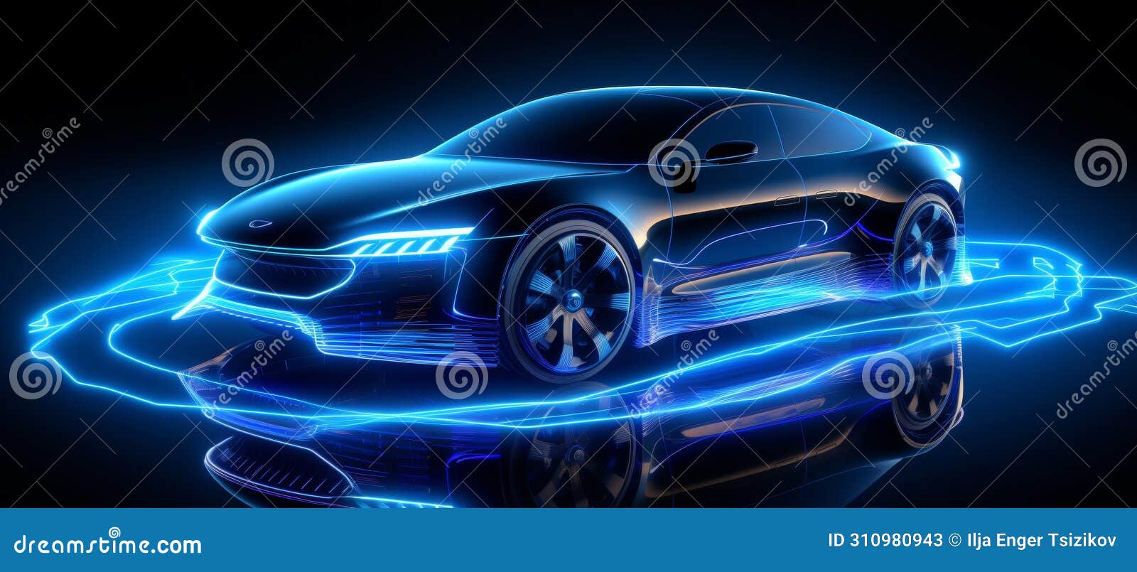 Futuristic Electric Vehicle on Holographic Wireframe Digital Technology ...