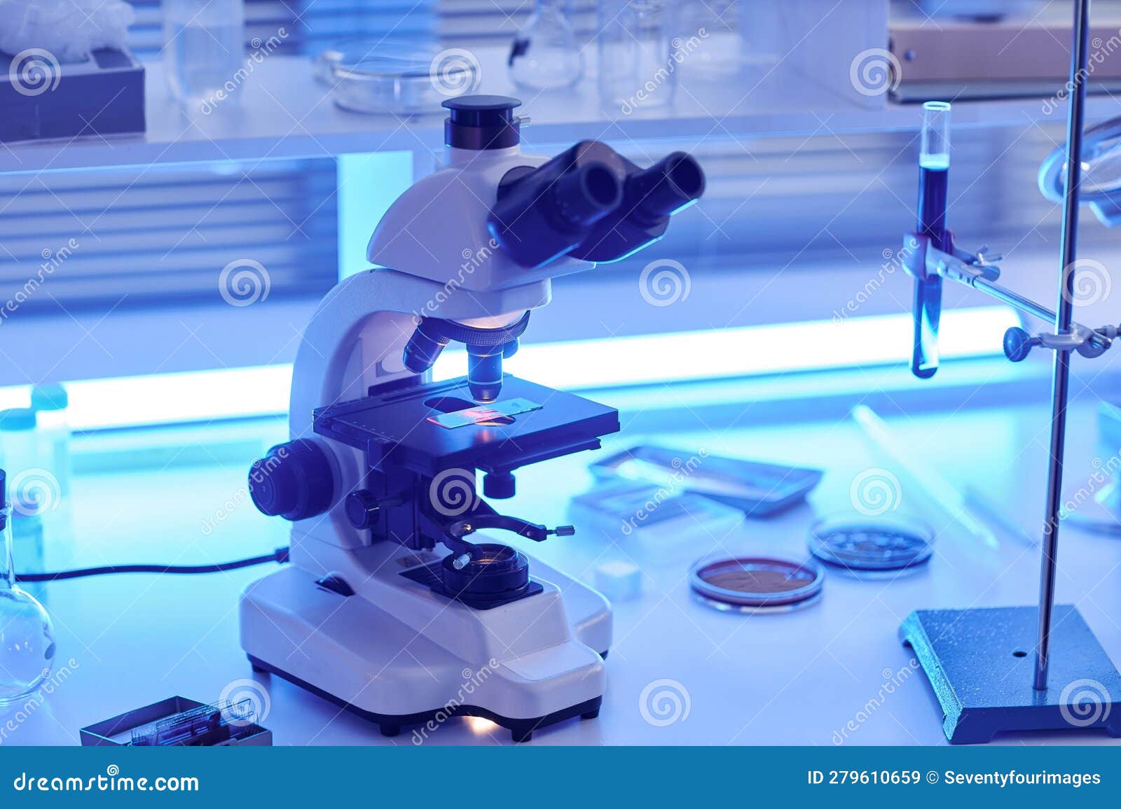 Futuristic Electronic Microscope on Laboratory Workstation in Neon ...