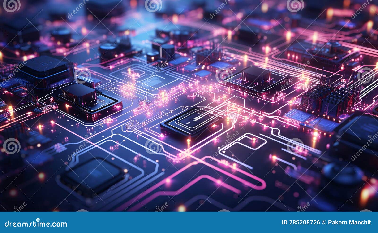 Futuristic Electronics Circuit Board with Lights and Cables ...
