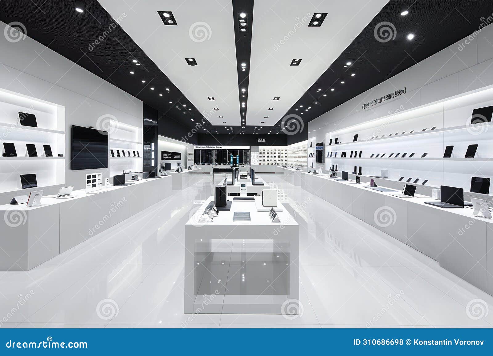 Futuristic Electronics Store with Monochrome Design and Modern Gadgets ...
