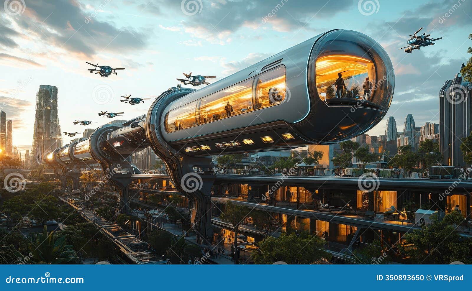 Futuristic Elevated Train with Urban Drones Stock Photo - Image of ...