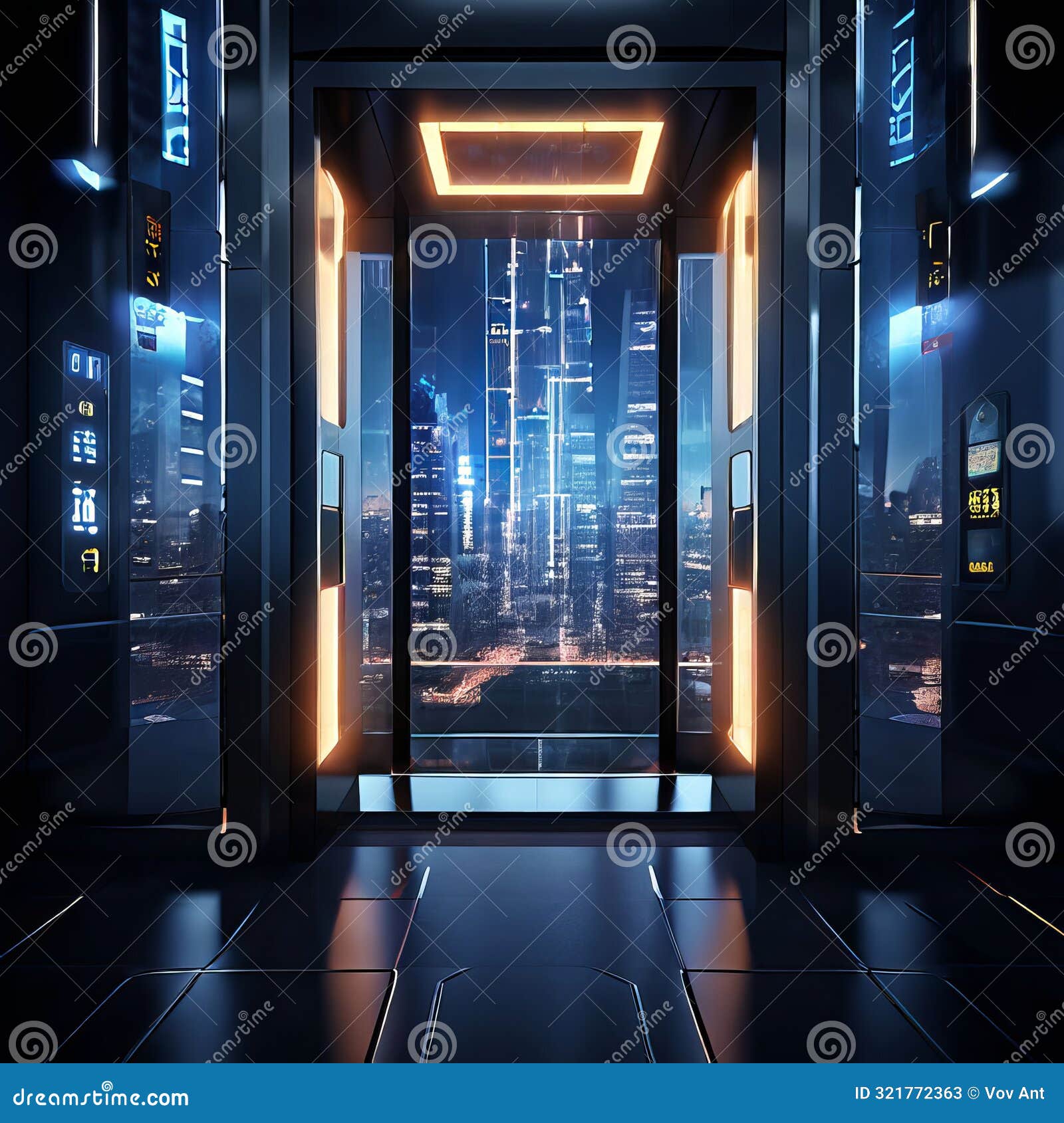 A Futuristic Elevator with Digital Displays and Interactive To Stock ...