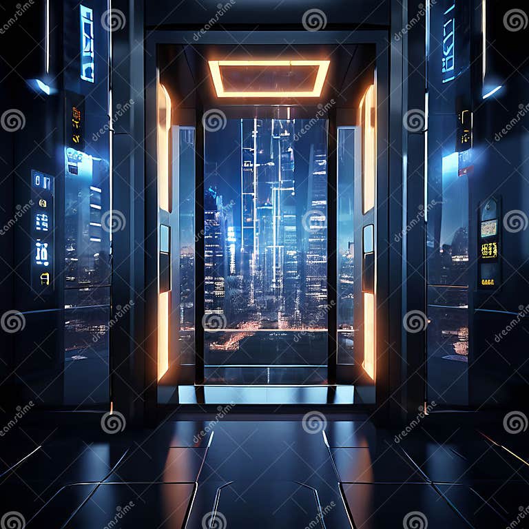 A Futuristic Elevator with Digital Displays and Interactive To Stock ...