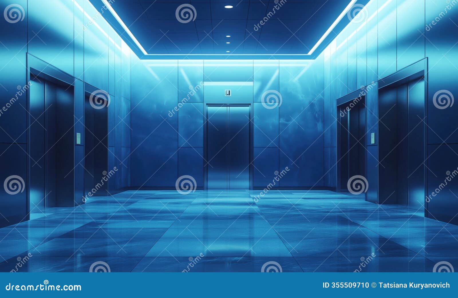 Futuristic Elevator Lobby with Blue Lighting and Sleek Design ...
