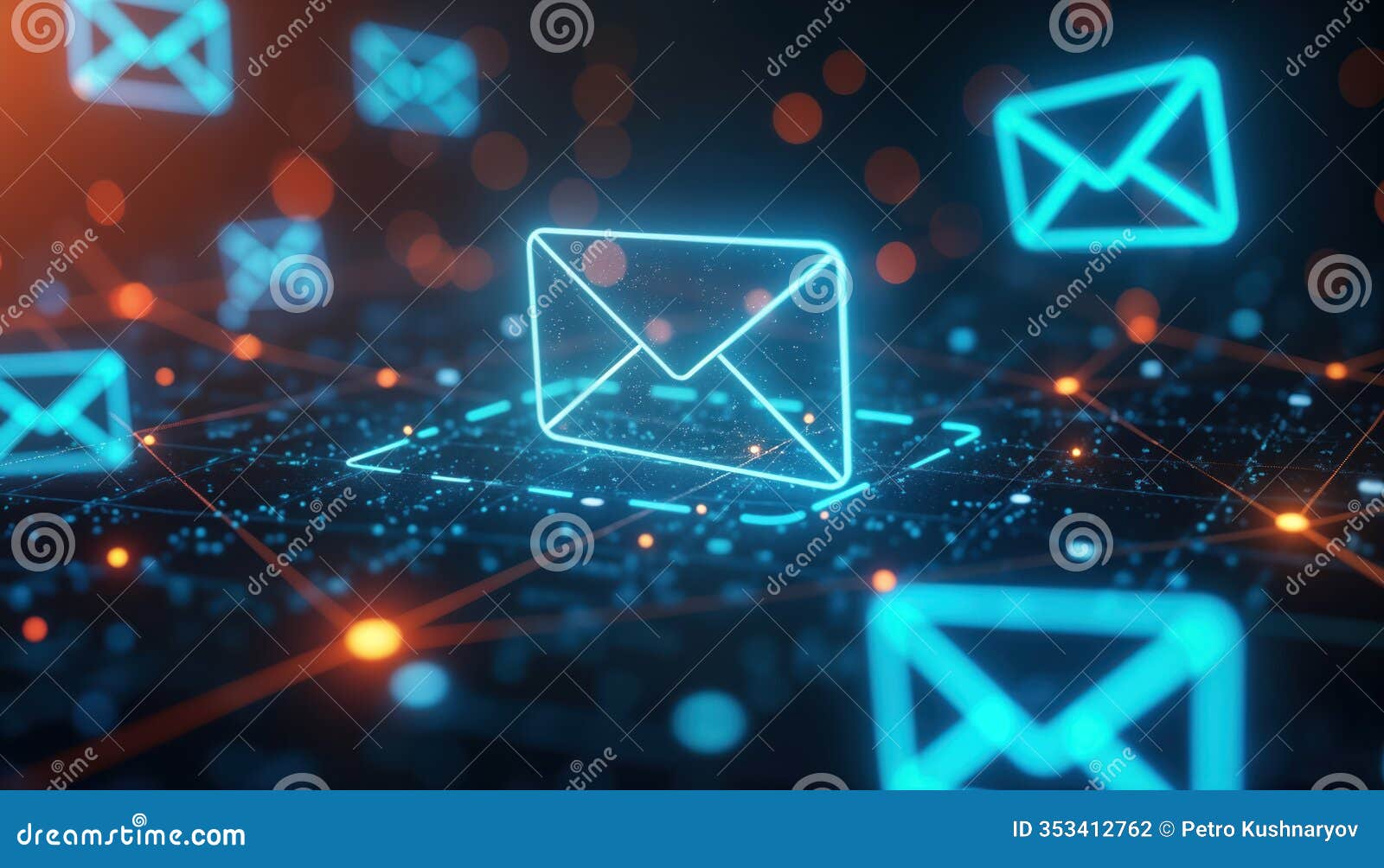 Futuristic Email Icons Glow in Digital Space. Email Symbols Float in ...