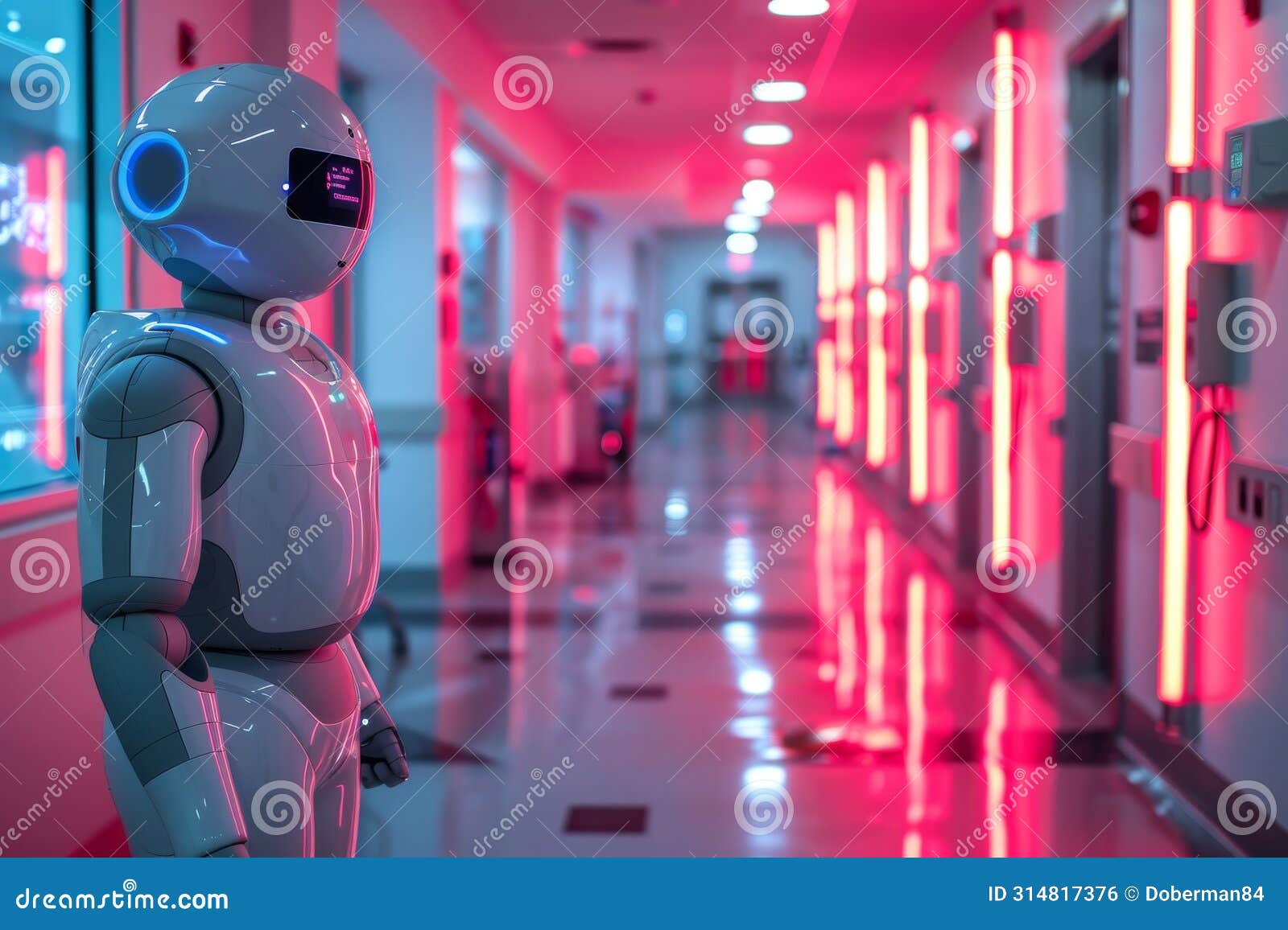 Futuristic Emergency Response Robot Navigating a Neon-lit Corridor in a ...