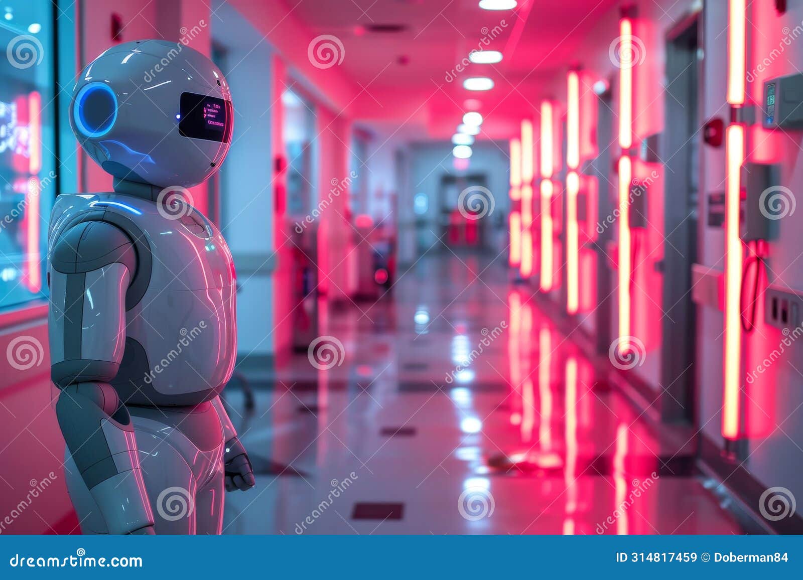 Futuristic Emergency Response Robot Navigating a Neon-lit Corridor in a ...