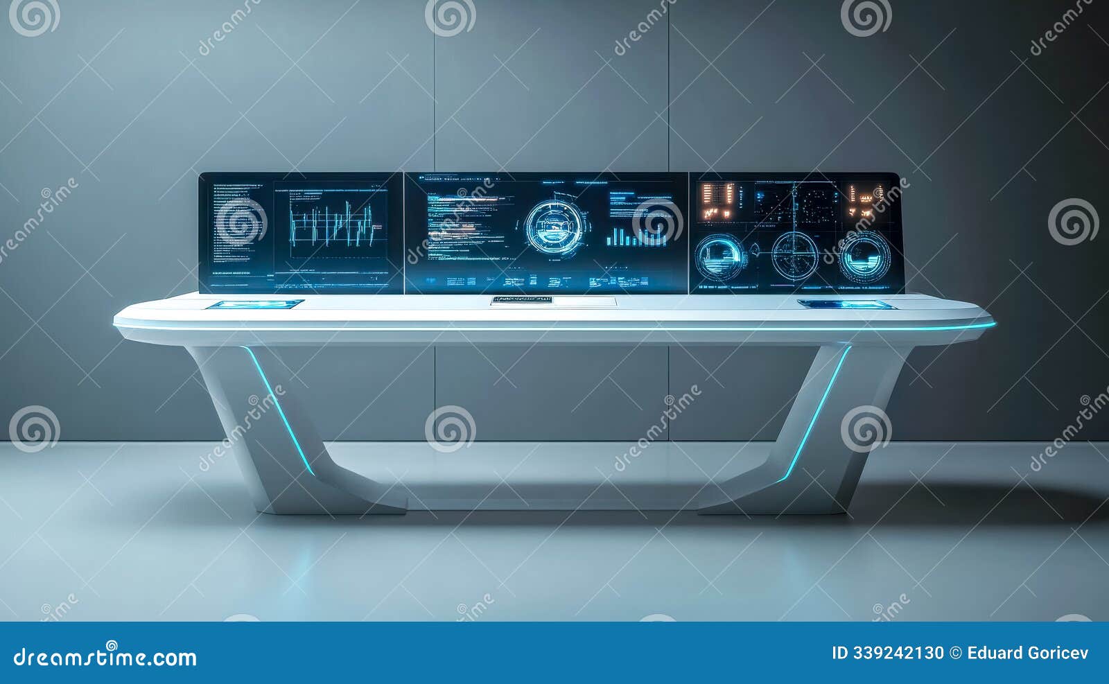 Futuristic Empty Control Room with Lighted Displays Showing Data, Code ...