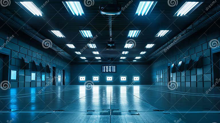 Futuristic Empty Shooting Range with Neon Lights and Targets: Concept ...