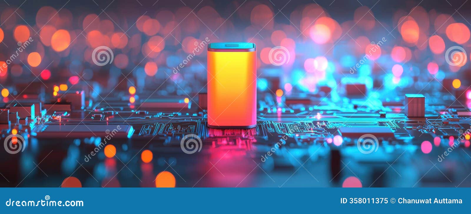 Futuristic Energy Storage Glowing Battery On Circuit Board Royalty-Free ...