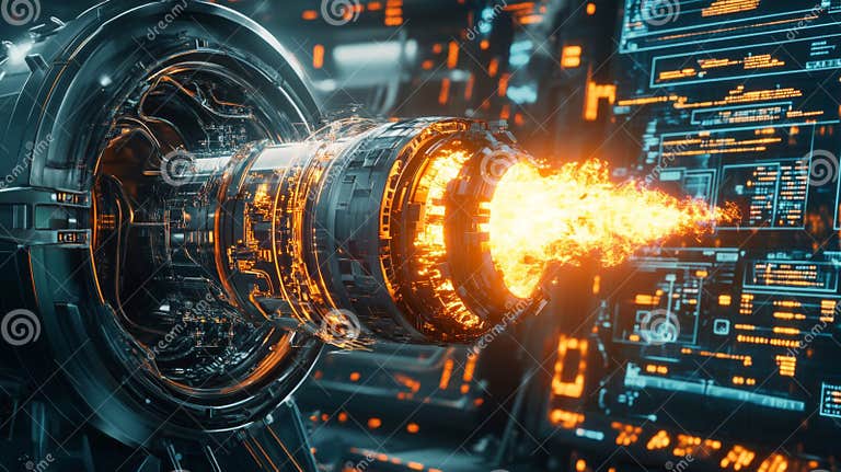 Futuristic Engine Technology with Flames and Glowing Interfaces in a ...