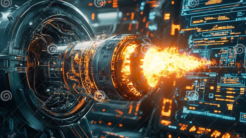 Futuristic Engine Technology with Flames and Glowing Interfaces in a ...