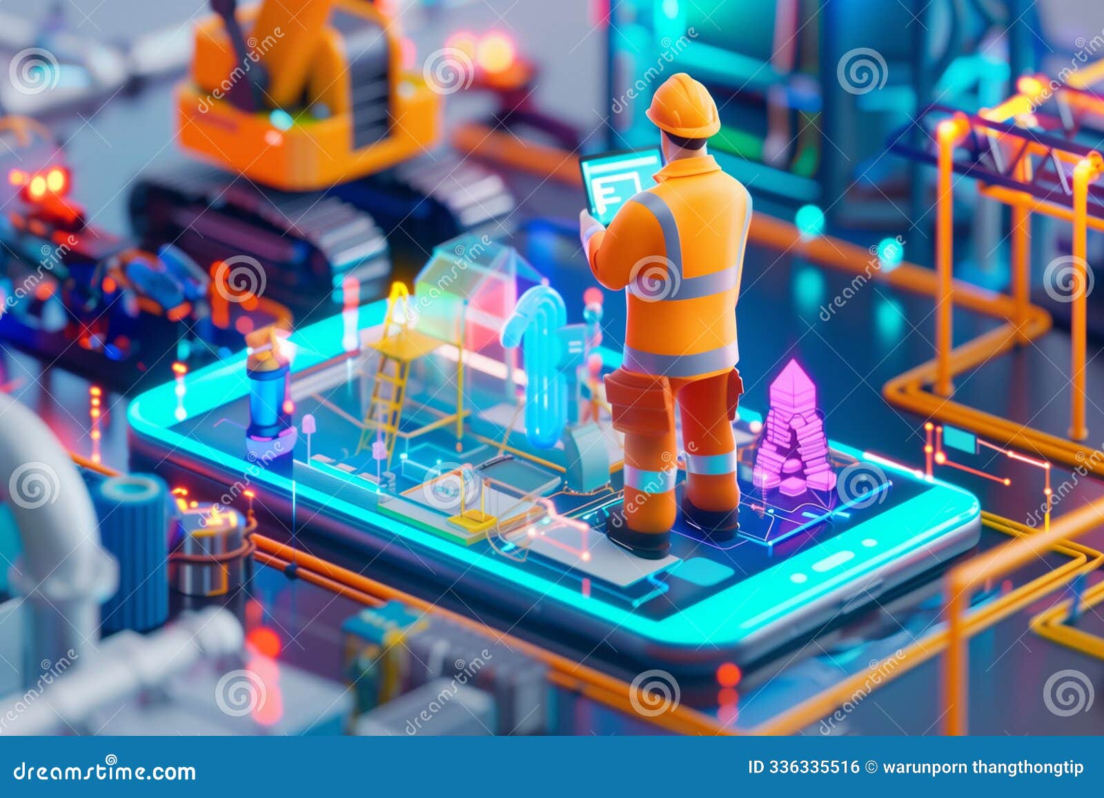 Futuristic Engineer with Heavy Construction Machinery Working on ...