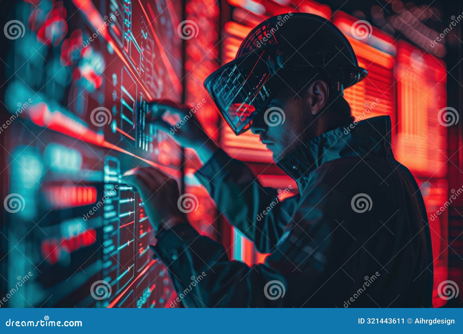 Futuristic Engineer Monitors System in Neon Glow Stock Illustration ...