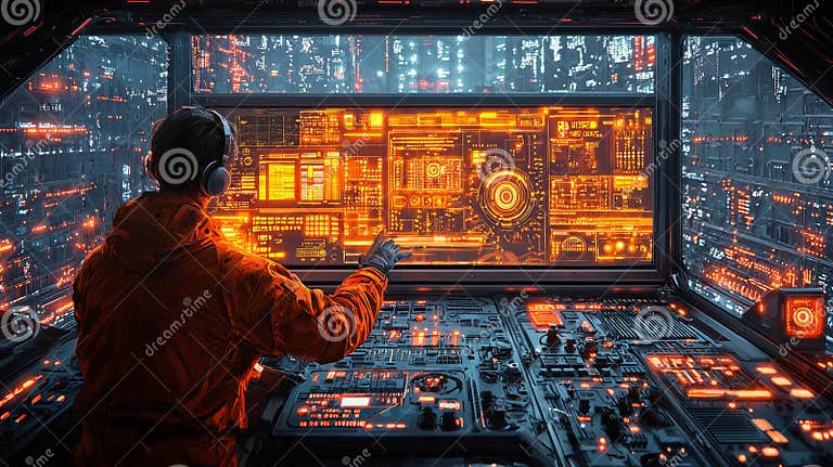 Futuristic Engineer Operates Advanced Control Panel in High-tech ...