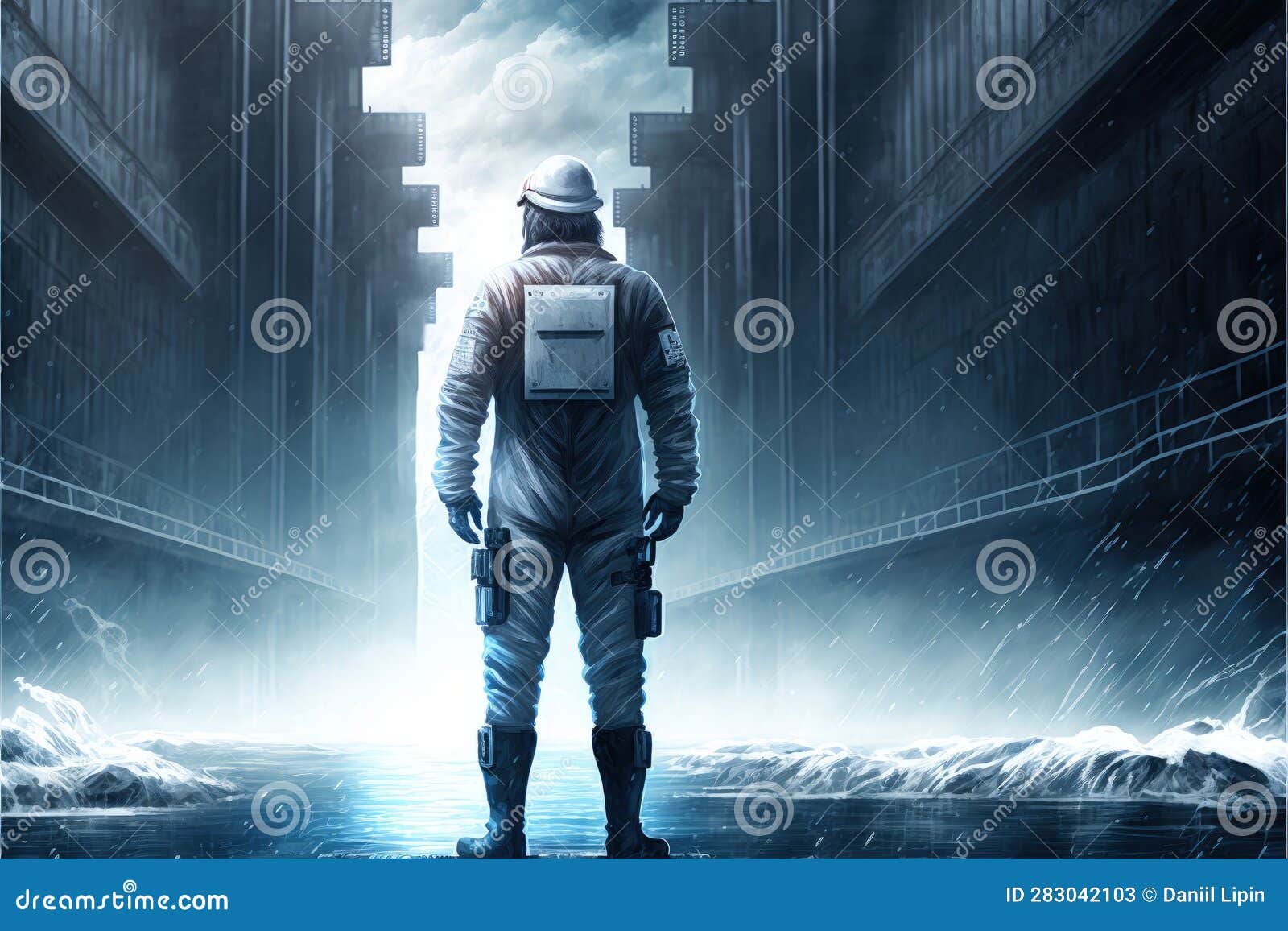 A Futuristic Engineer Standing on a Platform Observing a High-tech Dam ...
